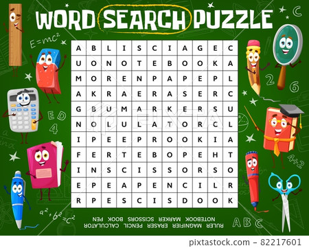 Word puzzle game worksheet with cartoon school... - Stock Illustration ...