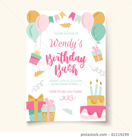 Birthday bash template with lettering cake in... - Stock Illustration ...