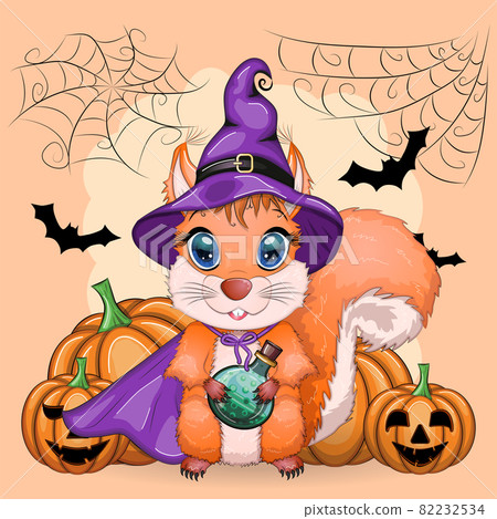 Cartoon squirrel in a purple witch hat and... - Stock Illustration ...