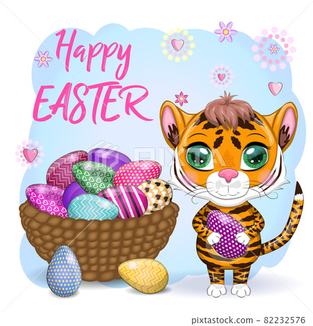 Cartoon tiger with Easter egg as Easter bunny.... - Stock Illustration ...