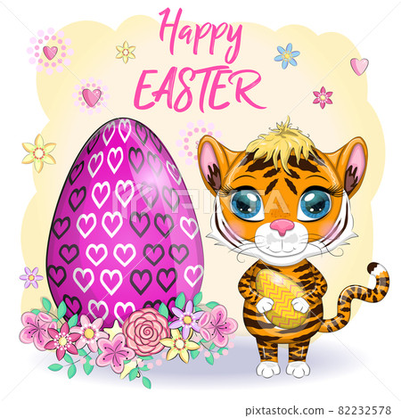 Cartoon tiger with Easter egg as Easter bunny.... - Stock Illustration ...