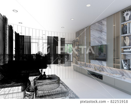 sketch design of interior living, 3d rendering - Stock Illustration ...