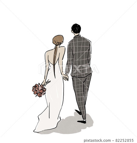 Bride and groom holding hands, back view of men... - Stock Illustration ...