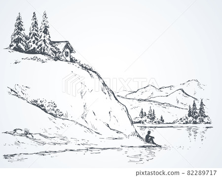 Firs on hill above river. Vector drawing - Stock Illustration [82289717 ...