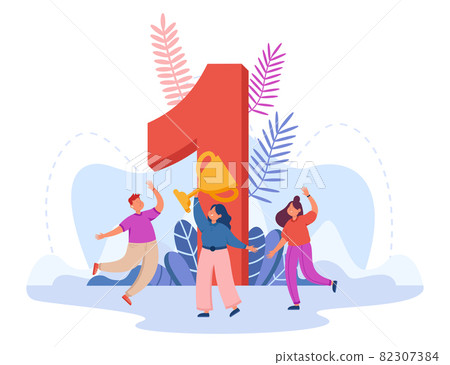 Team of happy cartoon people taking first place - Stock Illustration ...