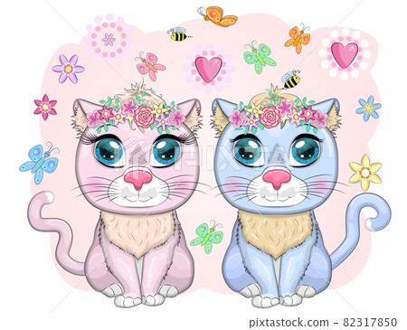 Cute cartoon blue and pink cat, kitten on a... - Stock Illustration ...