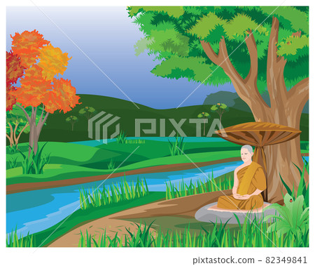 the monk meditation under the tree vector design - Stock Illustration ...