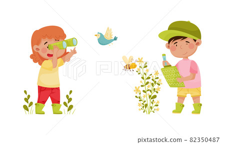 Cute kids exploring birds and insects in forest... - Stock Illustration ...