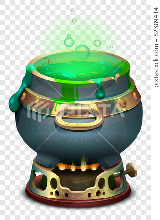 Pot boiling magic potion on fire on transparent... - Stock Illustration ...