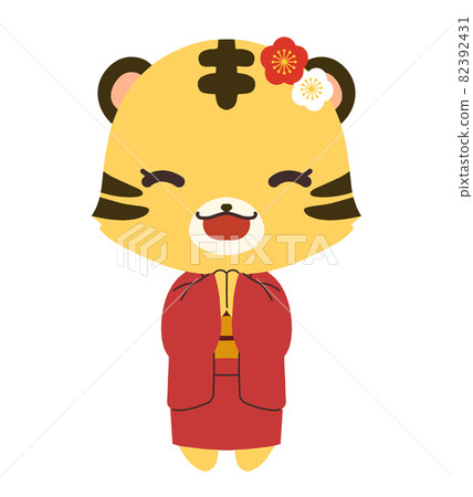 Girl tiger character praying in kimono - Stock Illustration [82392431 ...
