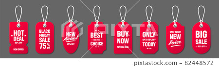 Realistic red price tags with white string on... - Stock Illustration ...