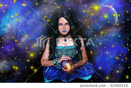 Psychic with Crystal Ball and galaxy background - Stock Illustration ...