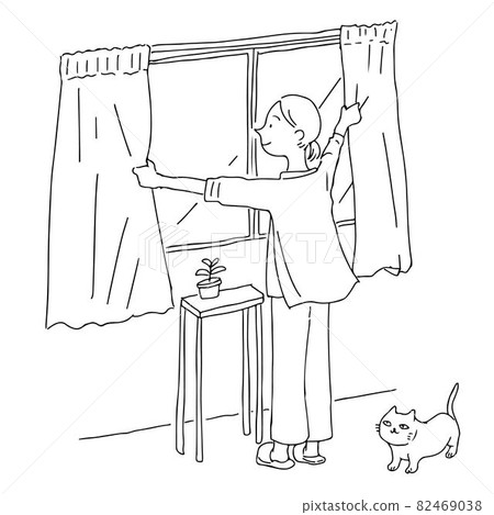 Line drawing of a woman opening the curtain - Stock Illustration ...