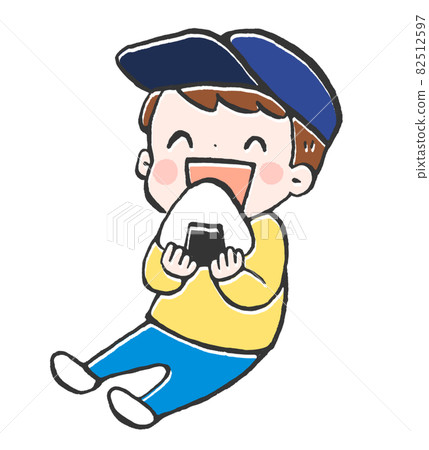 Illustration of a boy eating rice balls... - Stock Illustration ...