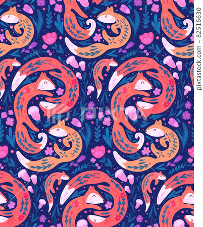 Seamless neon pattern with fox family with folk... - Stock Illustration ...