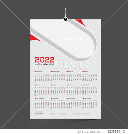 Red Colored 12 Month Wall Vector Calendar 2022... - Stock Illustration ...