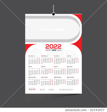 Red Colored 12 Month Wall Vector Calendar 2022... - Stock Illustration ...