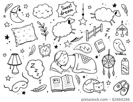 Sleep, relax time, dream night doodle set - Stock Illustration ...