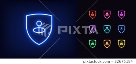 Outline neon shield icon with user. Glowing... - Stock Illustration ...