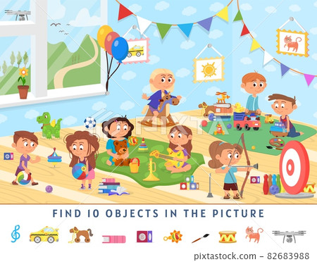 Find 10 objects. Kids game, school activity... - Stock Illustration ...