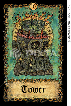 Tower. Major Arcana tarot card with skull over... - Stock Illustration ...