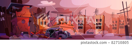 Cartoon destroyed city with abandoned buildings... - Stock Illustration ...