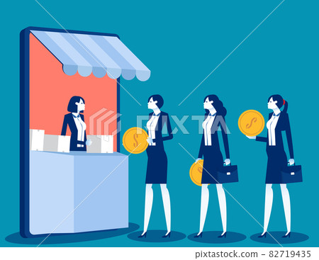 Sellers hand over items on mobile screens and... - Stock Illustration ...