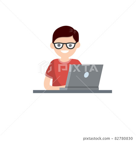 Man with laptop. Smiling happy nerd man in red... - Stock Illustration ...