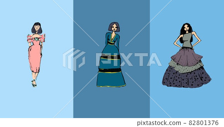 Composition of three fashion models in dresses... - Stock Illustration ...