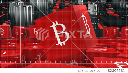 Green graph moving over bitcoin symbol on cubes... - Stock Illustration ...