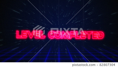 Retro Level Completed text glitching over blue... - Stock Illustration ...