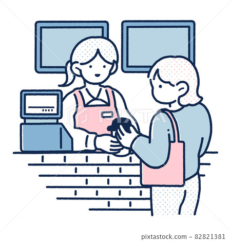 Clerk and female customer handing coffee at the... - Stock Illustration ...