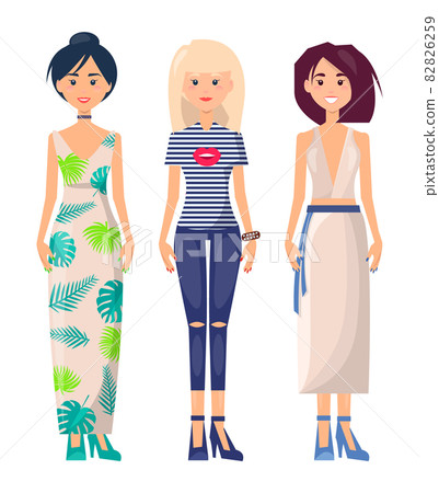 Three Casual Girls in Different Summer Clothing - Stock Illustration ...