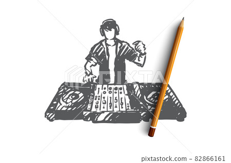 DJ, music, club, disco, party concept. Hand... - Stock Illustration ...
