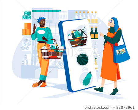 Two young women make a choice in a grocery... - Stock Illustration ...