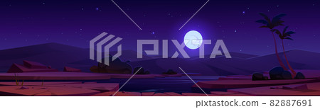 Night desert oasis under full moon starry sky - Stock Illustration ...