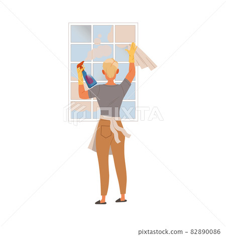 Man washing window at home. Househusband at... - Stock Illustration ...