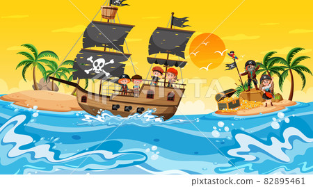 Treasure Island scene at sunset time with... - Stock Illustration ...