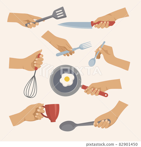 Kitchen tools in hands. Objects for preparing... - Stock Illustration ...