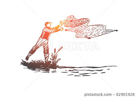 Man, fishing, net, river, nature concept. Hand... - Stock Illustration ...