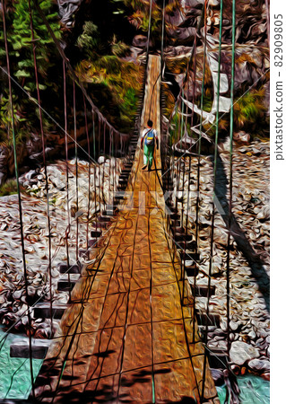 People crossing precarious suspension bridge in... - Stock Illustration ...
