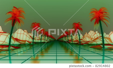 Syntwave wireframe net. Palm trees around the... - Stock Illustration ...
