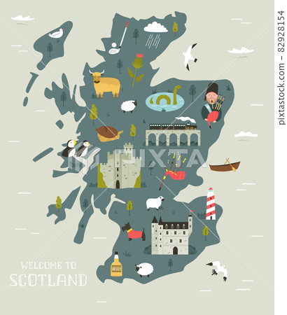 Vector illustrated map of Scotland with famous... - Stock Illustration ...