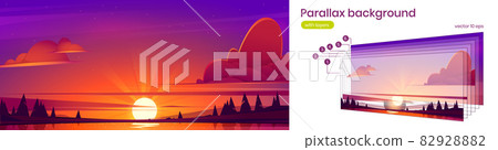 Parallax background with lake landscape at sunset - Stock Illustration ...