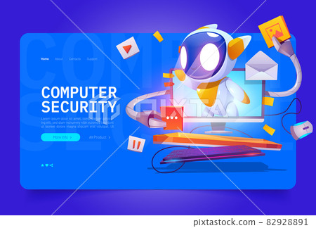 Computer security cartoon landing with cute bot - Stock Illustration ...