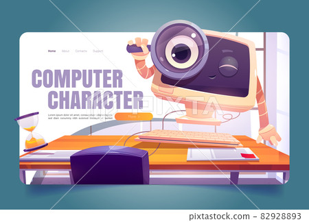 Computer character at office desk landing page - Stock Illustration ...