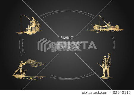 Fishing - fisherman casting net, fishing rod,... - Stock Illustration ...
