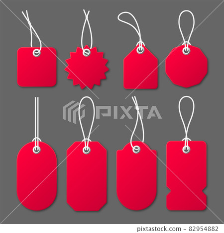 Realistic red price tags with white string on... - Stock Illustration ...