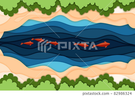 Paper cut river and fish.Top view of the water... - Stock Illustration ...