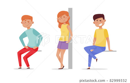 People sitting and standing leaned against the... - Stock Illustration ...